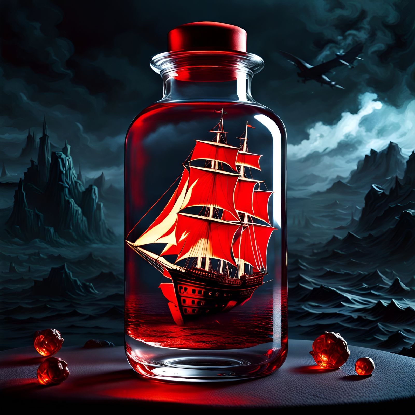 A Red Pirate Ship Inside An Old Rum Bottle (Continued) - AI Generated ...