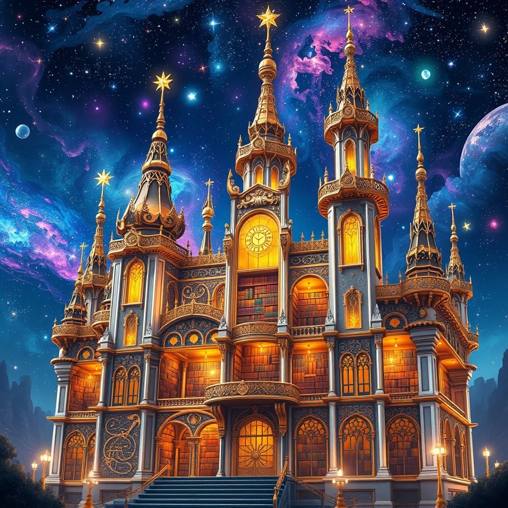 Mystical Library with Golden Turrets under Celesti... - AI Art
