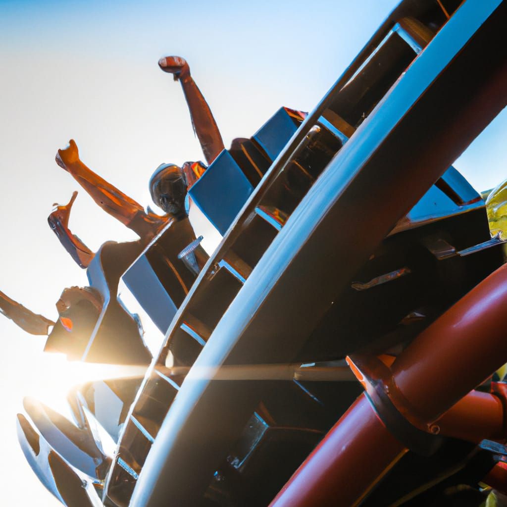 Exciting roller coaster. Riders have hands in the air.... - AI ...