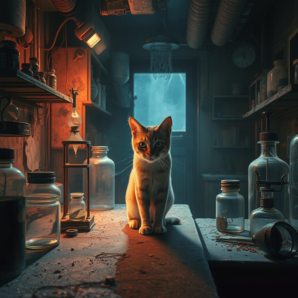 schrodinger's cat - Surreal Laboratory Scene with Superposit...