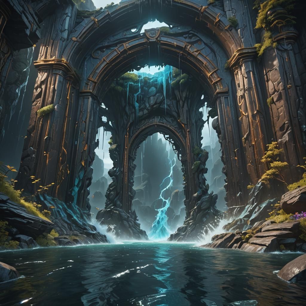 Ominous rift portal made of water detailed matte painting, deep color ...