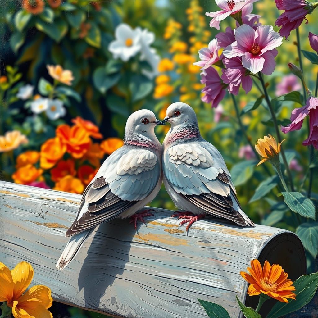 two loving doves in a garden - Love in Vibrant Garden Oasis