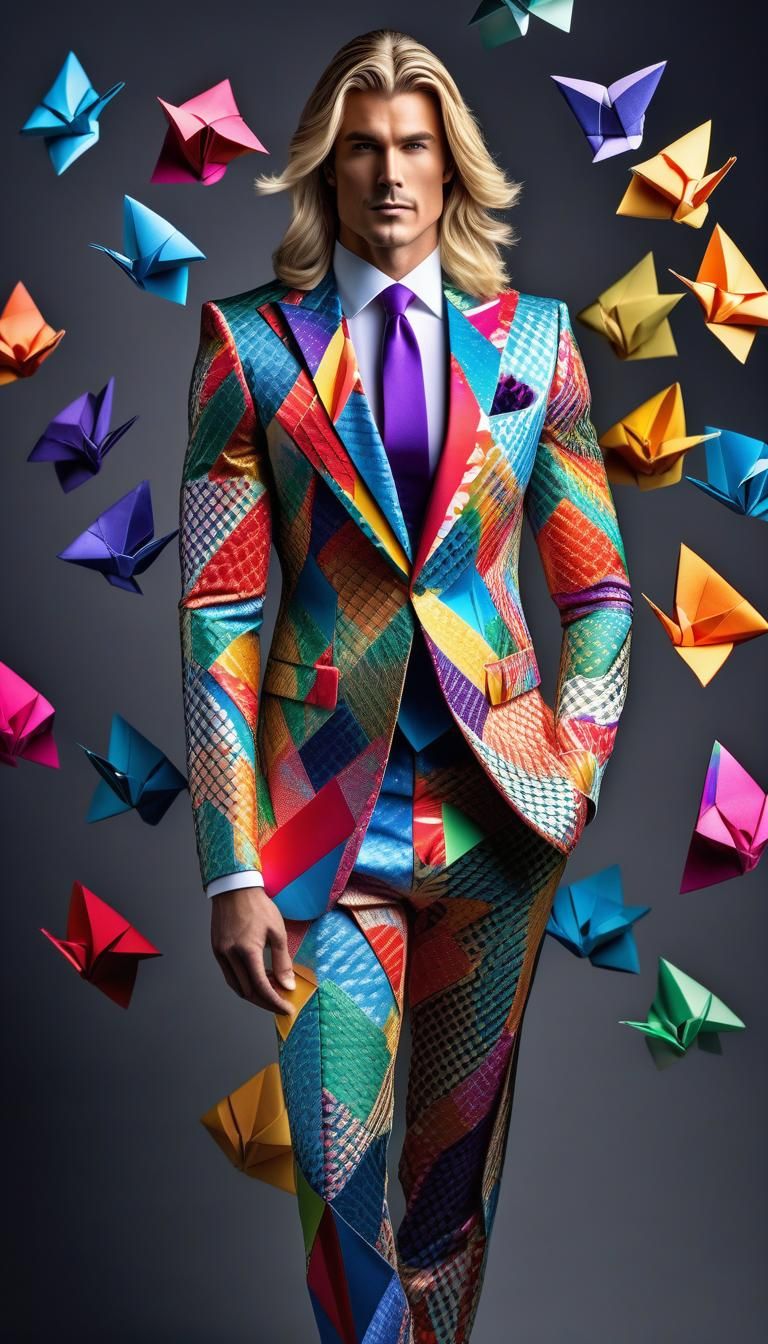 Man wearing an origami paper multi-color suit - AI Generated Artwork ...