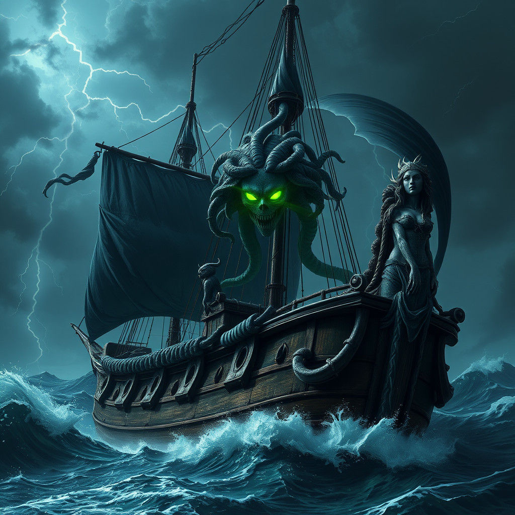 Pirate Ship in Turbulent Medusa-Adorned Seascape, ... - AI Art