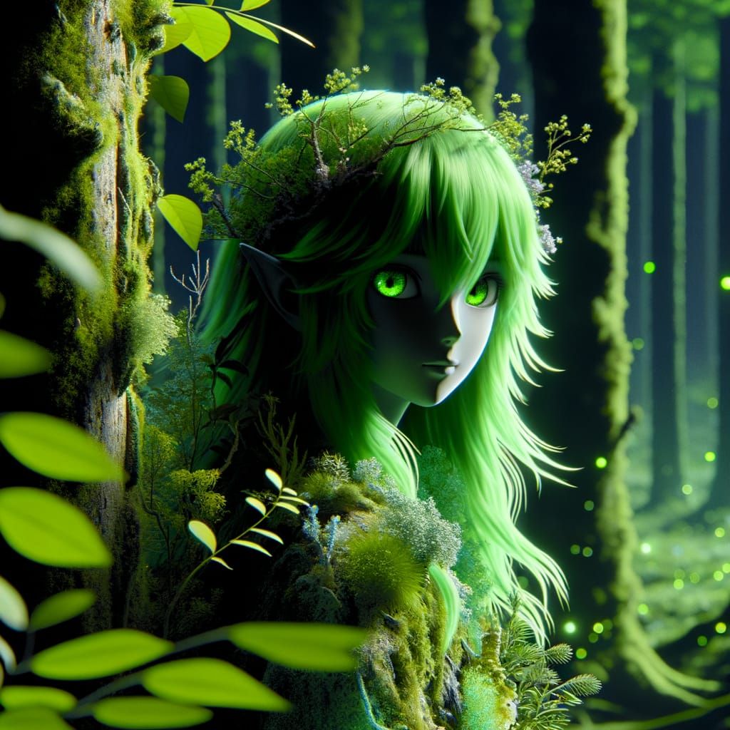 Lime Green Dryad in Whispering Japanese Forest - AI Art