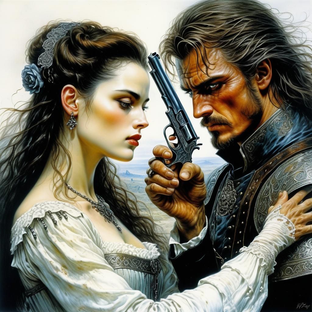 Athos point his gun at the beautiful Milady's forehead. 1625 era. Luis ...