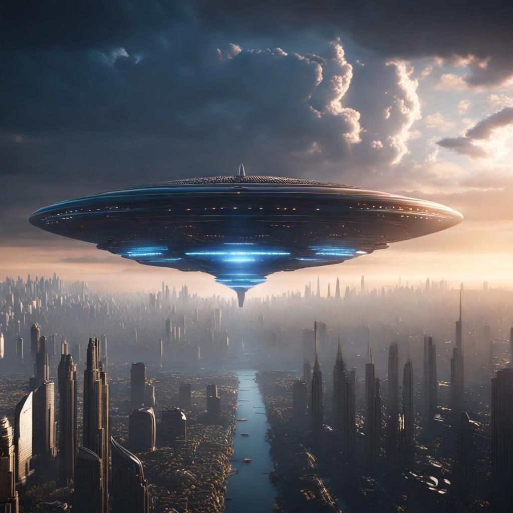 a massive alien mothership in the sky of a big city, view from afar ...