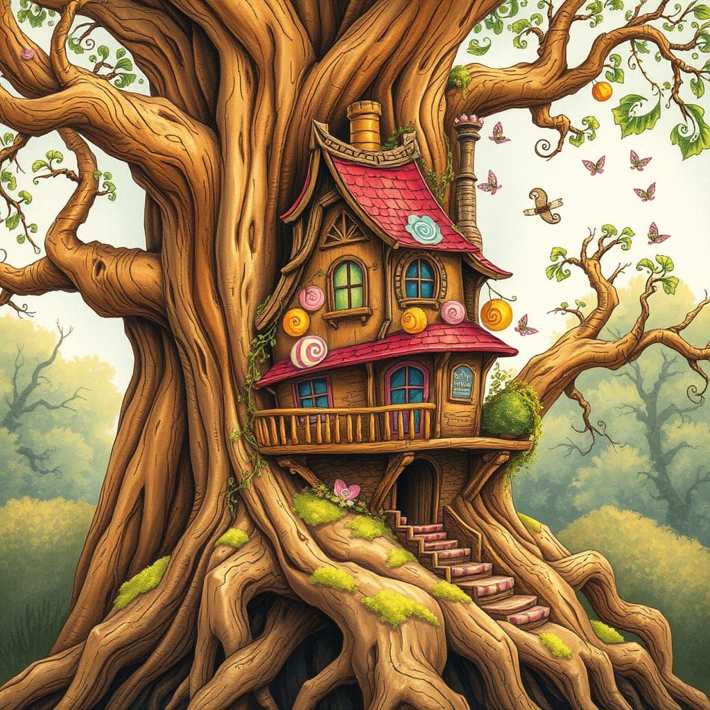 Enchanted Treehouse in Gouache Style - AI Art
