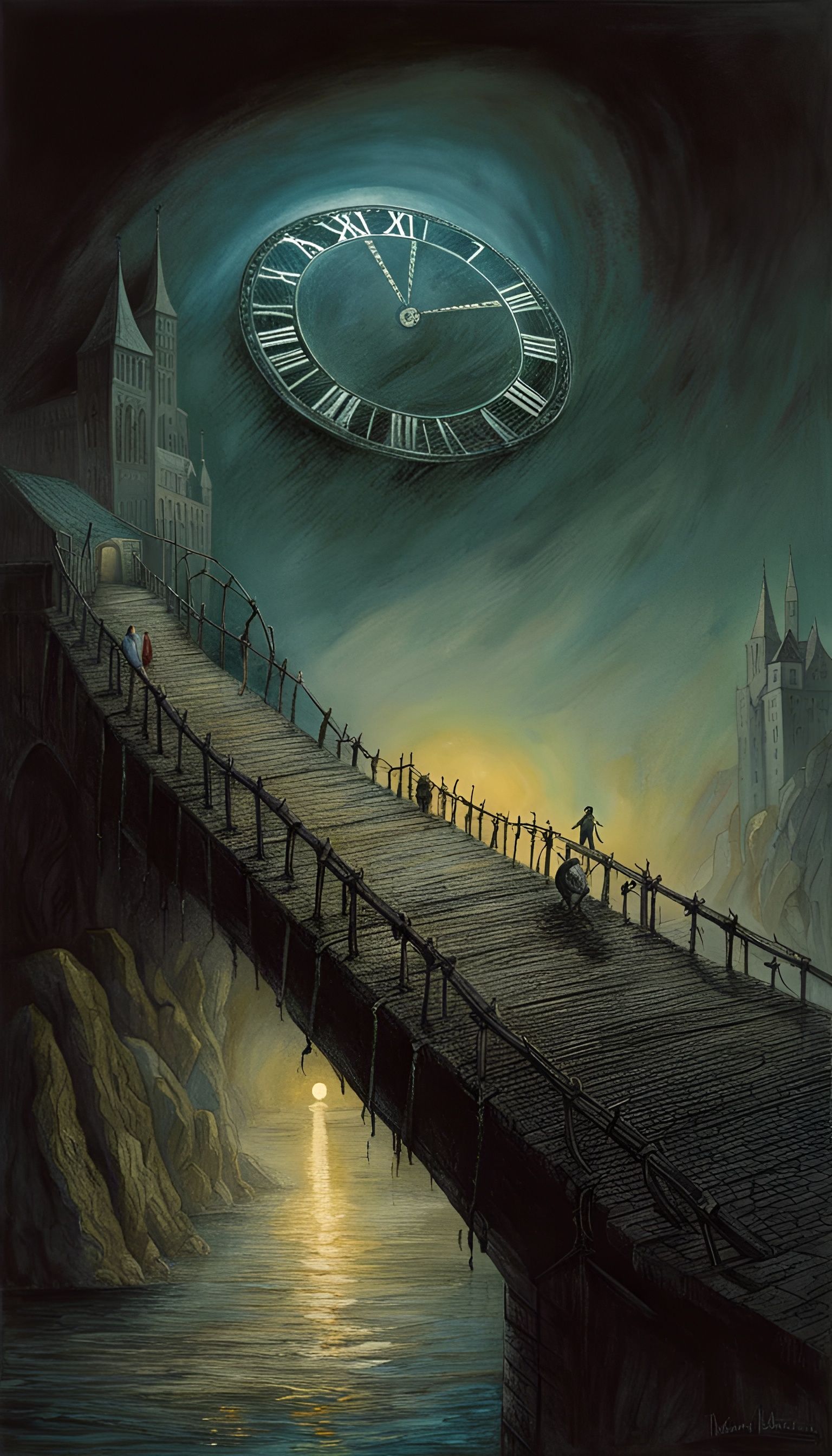 Bridge of timekeeping clock device hanging in the air in the same way ...