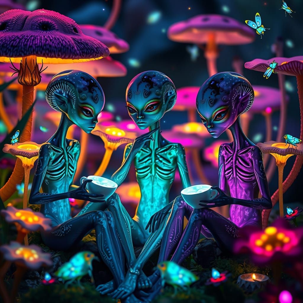 Sippin shroom tea - Bioluminescent Beings in Iridescent Mush...