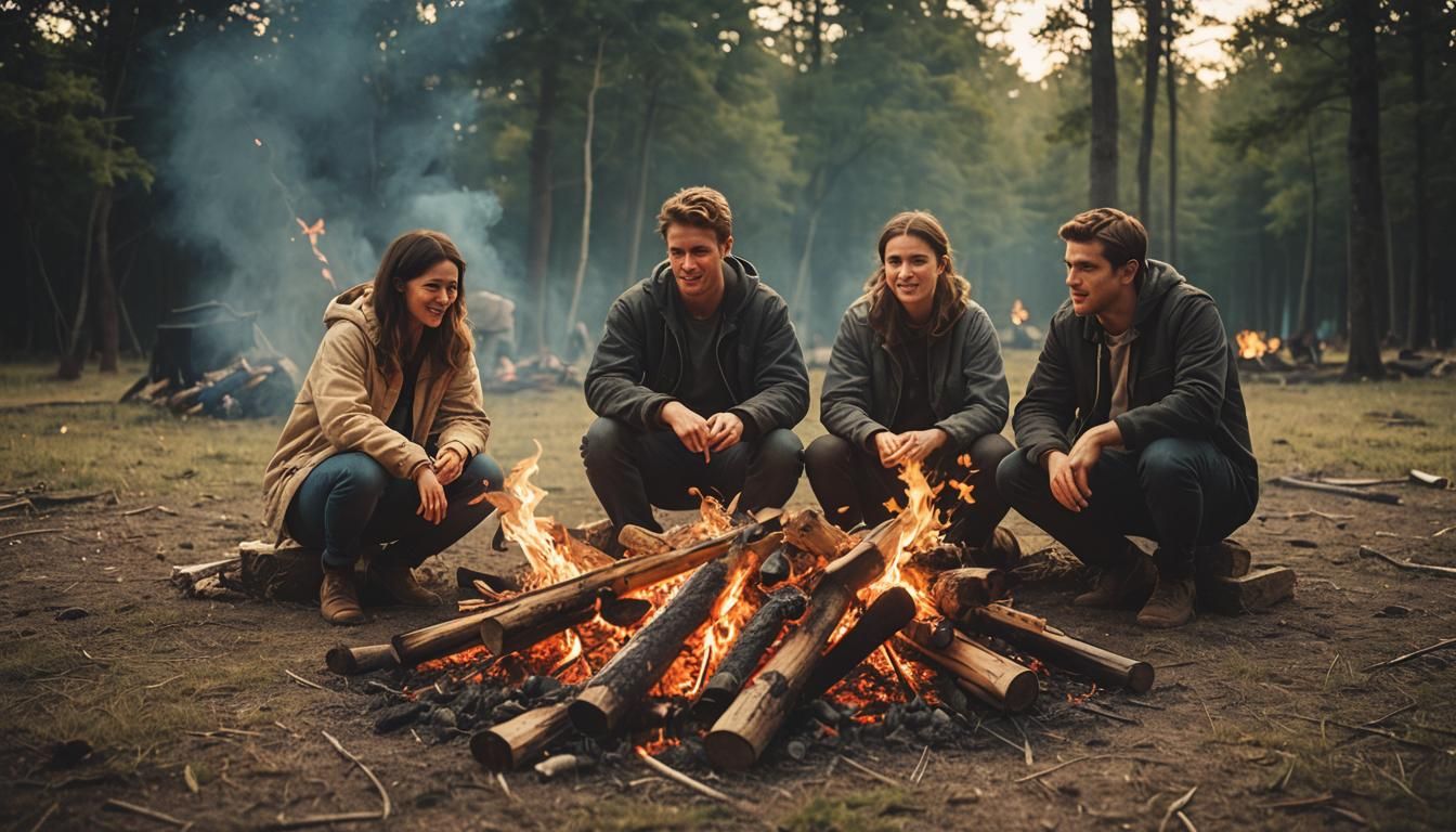 bonfire with friends on the plot Cinematic film still, shot on v-raptor ...