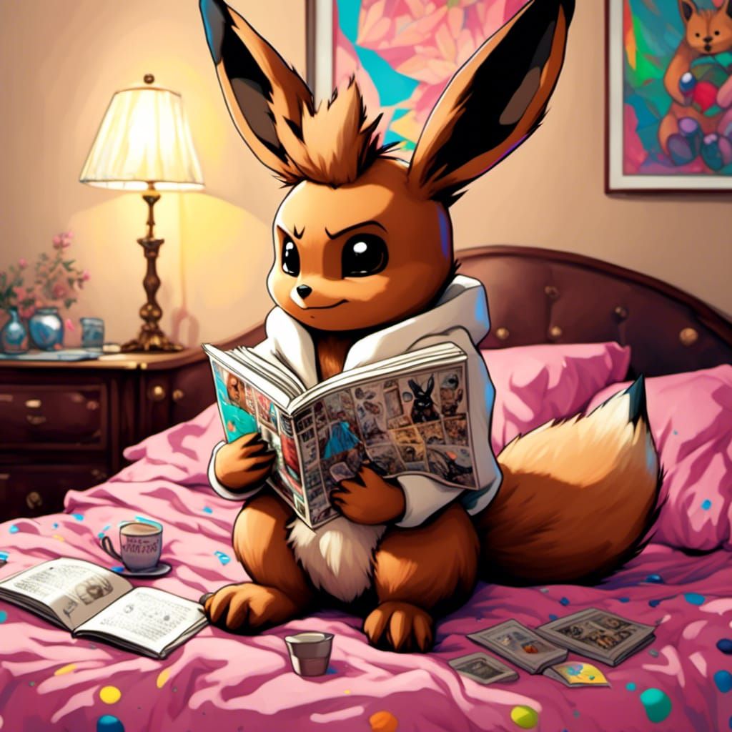 Photograph Eevee sitting on a bed while reading a comic - AI Generated ...