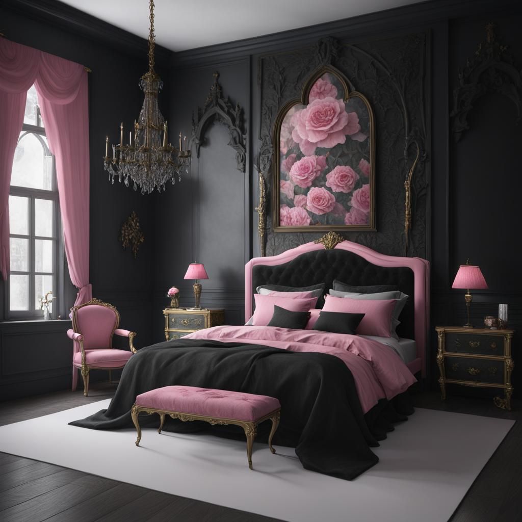 Romantic Gothic bedroom with black walls with pink accents and pink ...