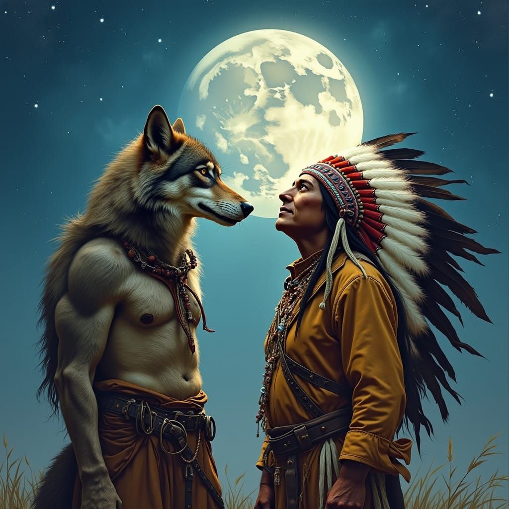 Werewolf and Indian Chief Gaze at Mystical Full Mo... - AI Art