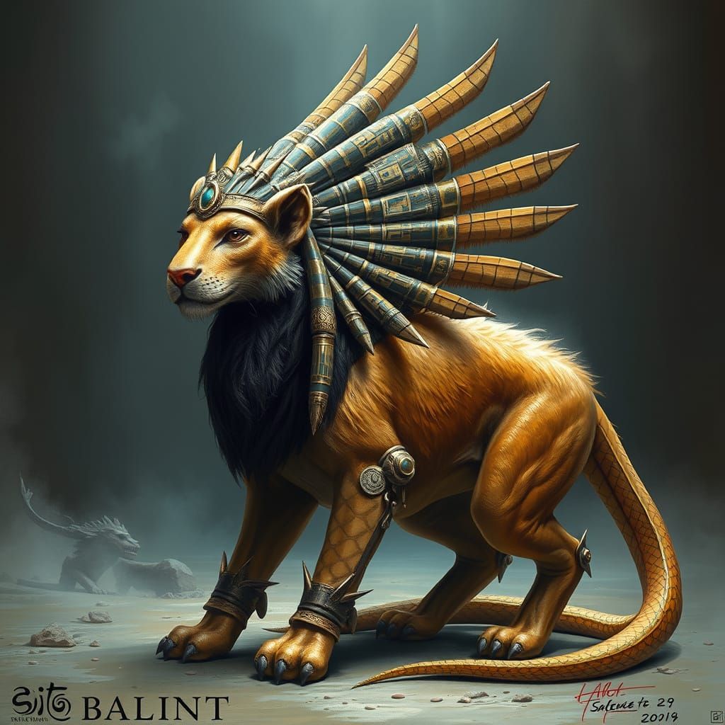 A creature with a human head, a lion body, and a cobra tail