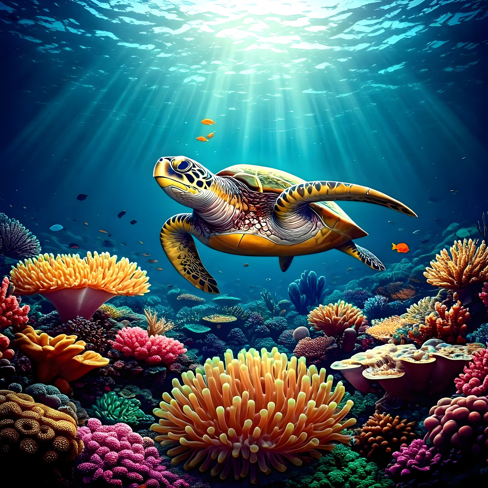 Large Sea Turtle Above Coral Reef - Large Sea Turtle Above C...