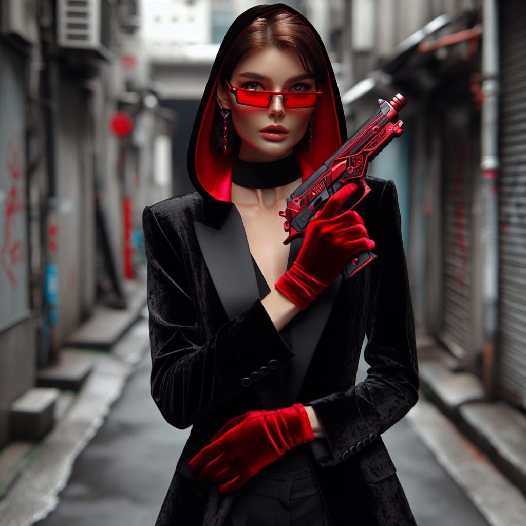 Secret agent Woman wearing a velvet black suit jacket with hood on, red ...