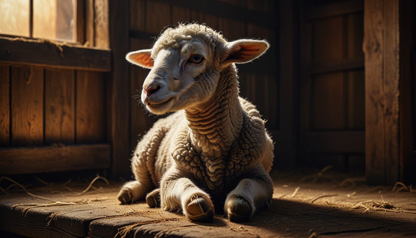 Nervous Lamb in Barn, Hyperrealistic Oil Painting - AI Art