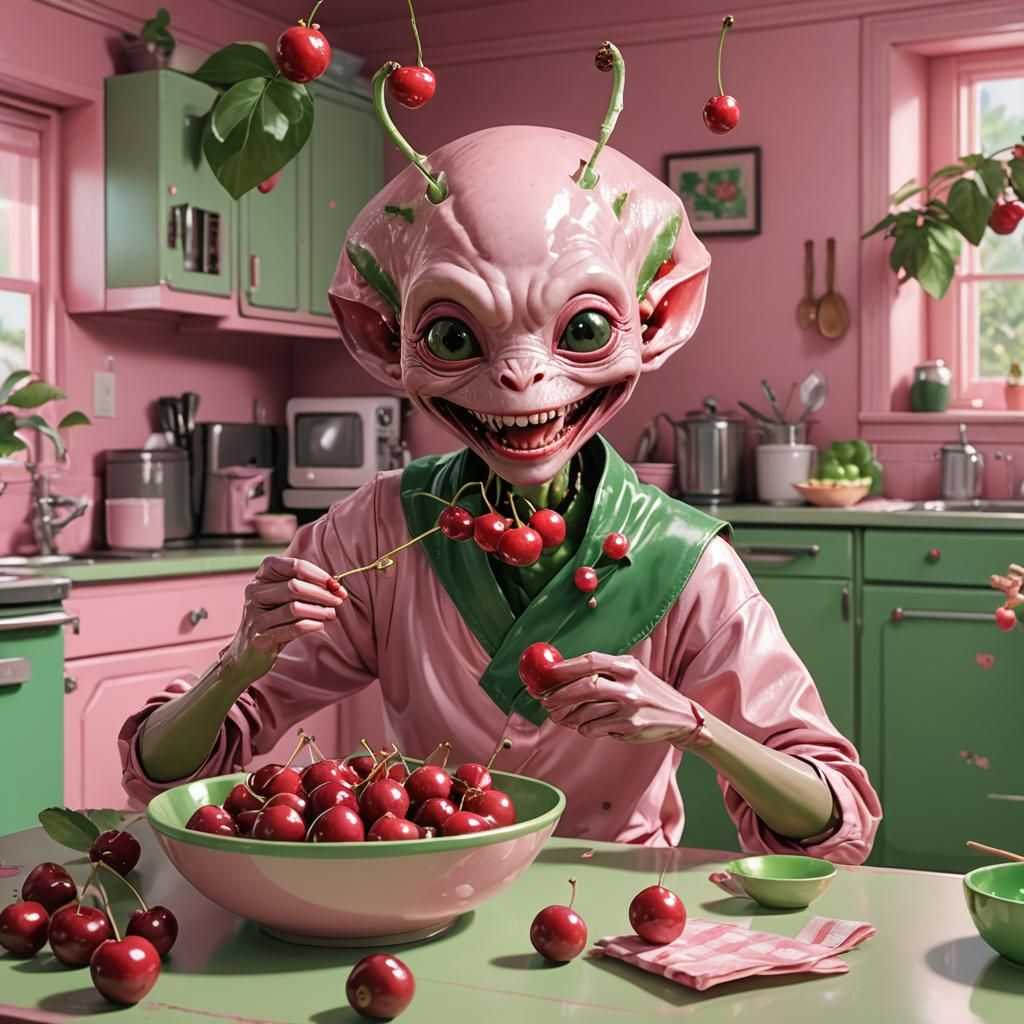 Smiling, friendly exotic alien happily eating fat shiny red cherries ...