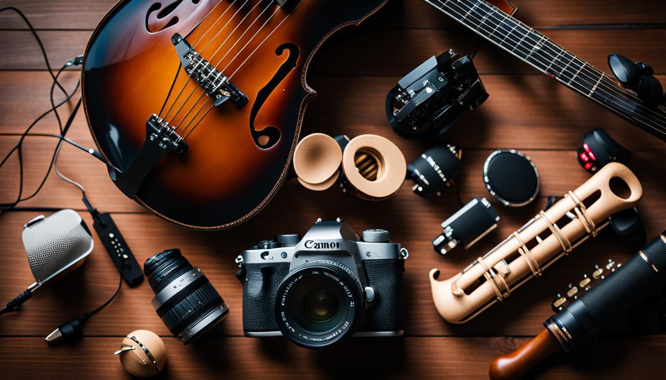 accessories for musical instruments scattered on a table - AI Generated ...