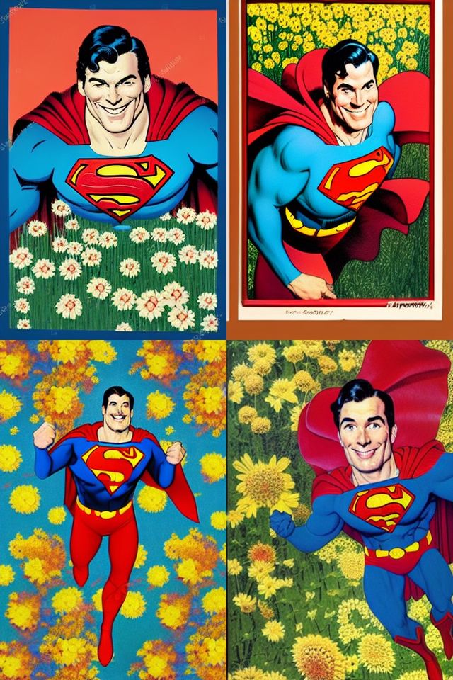 A portrait of a happy smiling Superman surrounded by flowers in the ...