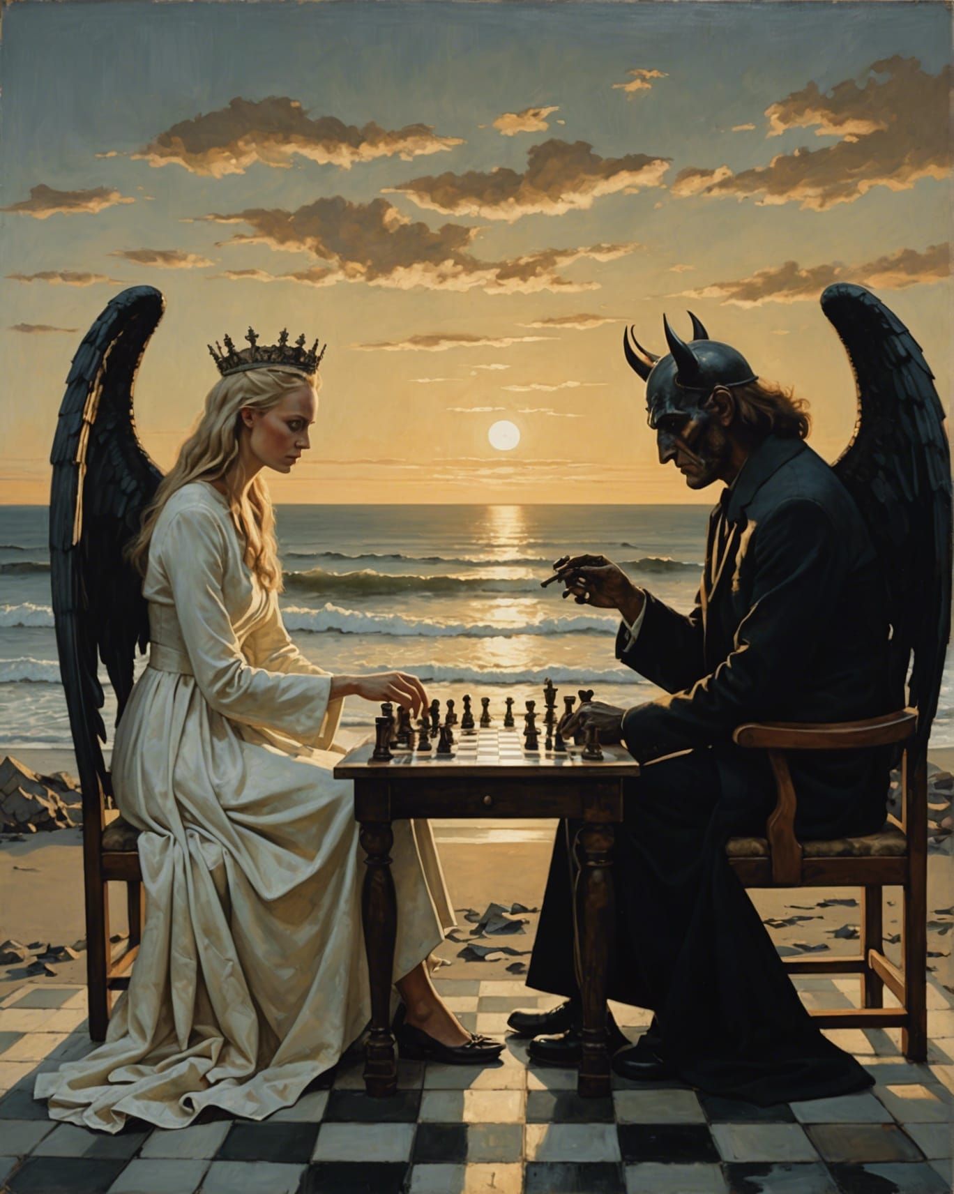 A devil and a angel sitting on their Thrones playing chess by the beach ...