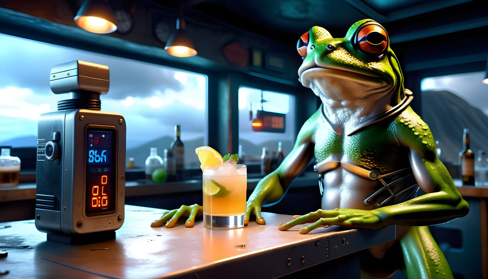 Frog and Cyborg bartender hyperrealism photorealistic futuristic sci-fi ...