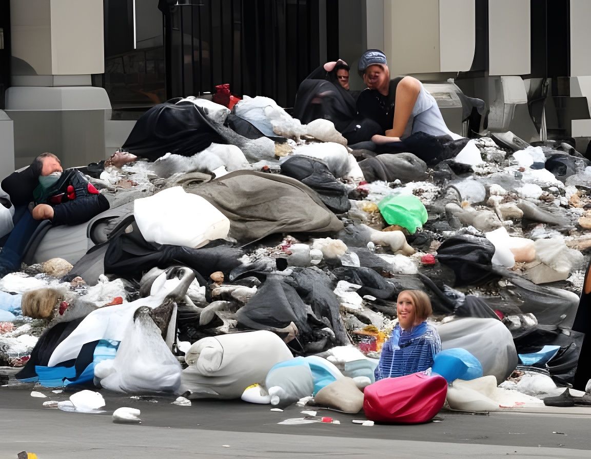 Rich people in a Limousine laughing at homeless people sitting in piles ...