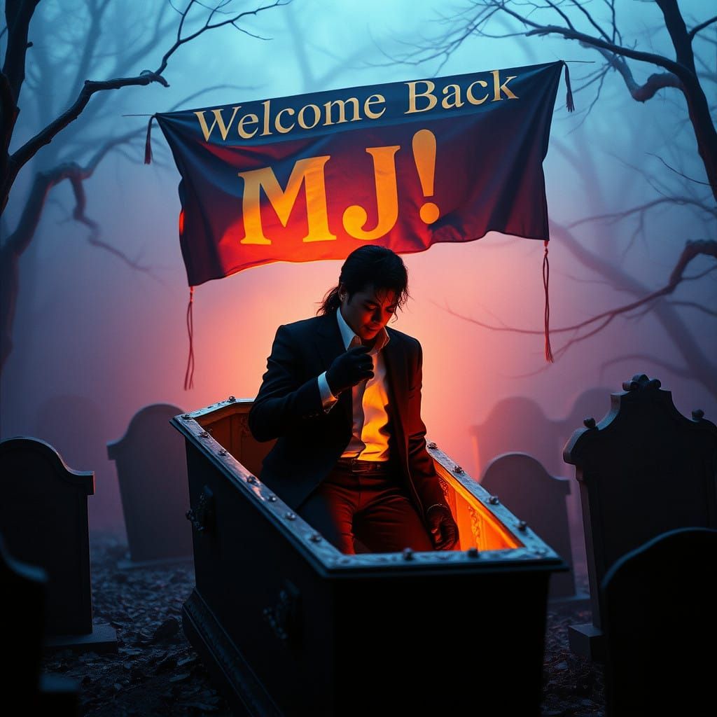 Michael Jackson arises from a coffin in a graveyard banner overhead reads "Welcome Back MJ!!!"