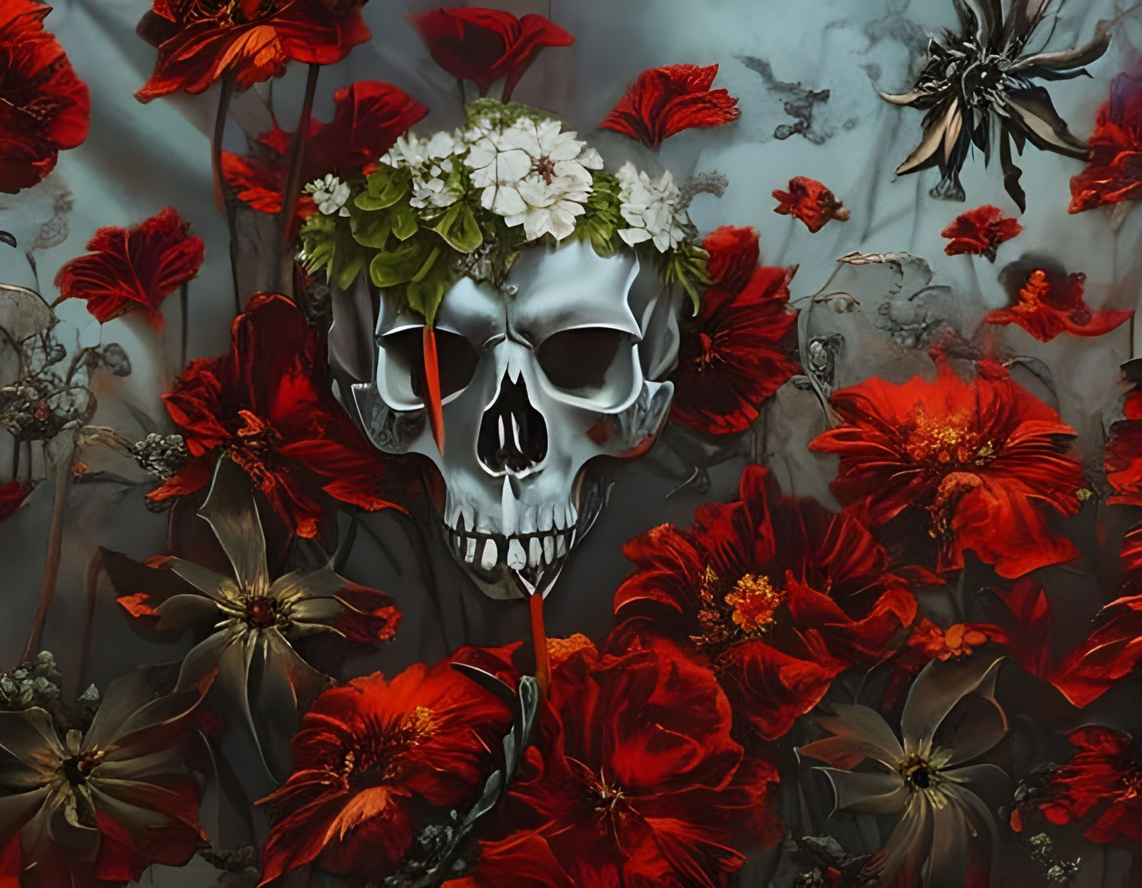 renaissance painting dark floral death skeleton blood decay - AI ...