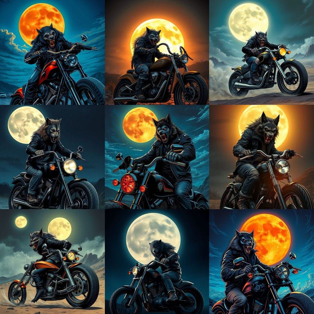 Werewolf Rides into Super Moonlight on Chopper Mot... - AI Art