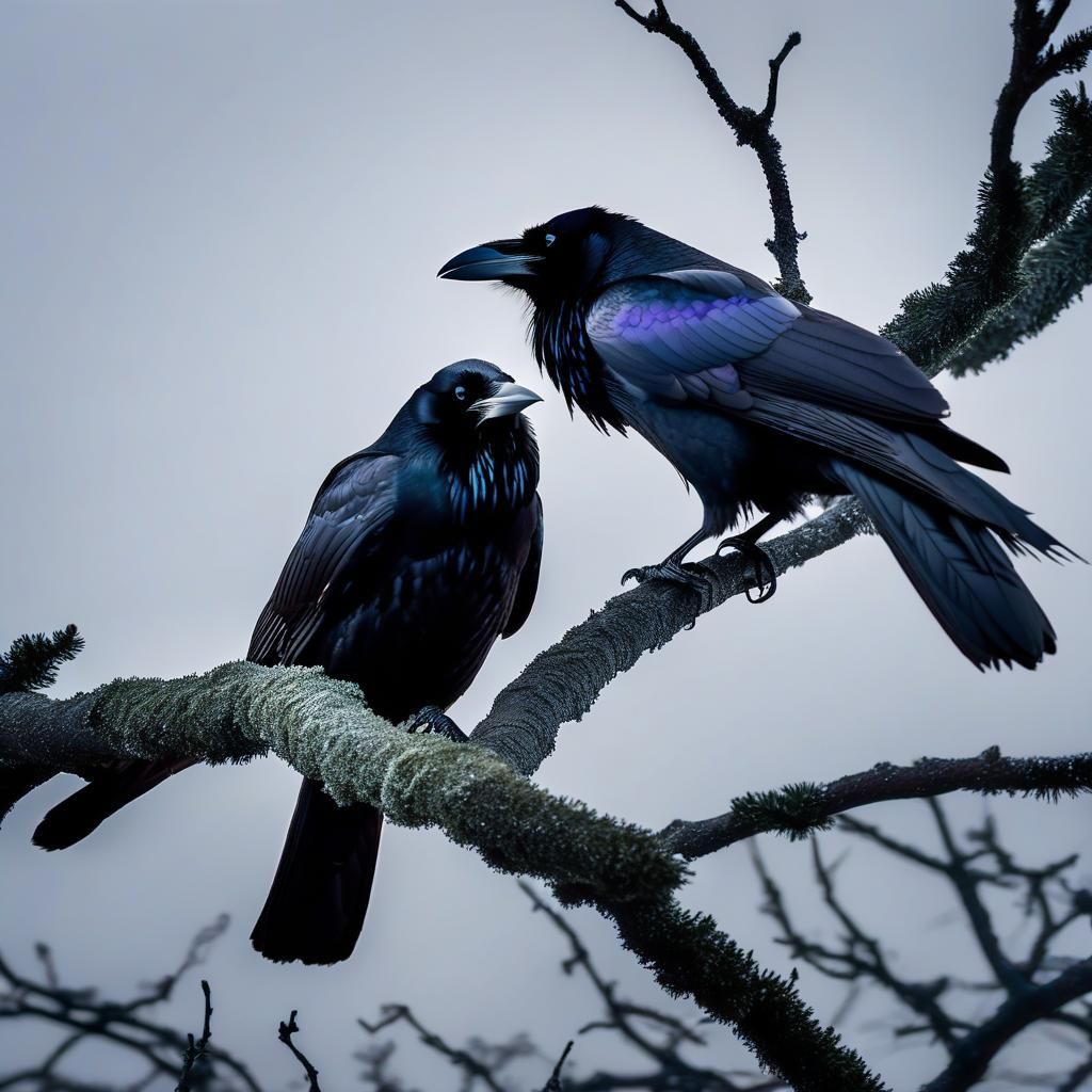 Ravens sitting in a winter tree, grey sky, cold day, feathers ruffled ...