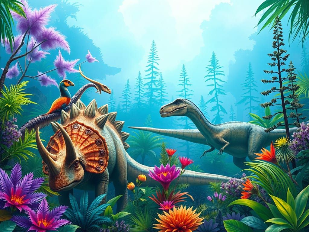 Lush prehistoric jungle, There is a Triceratops , A stegosaurus, A ...