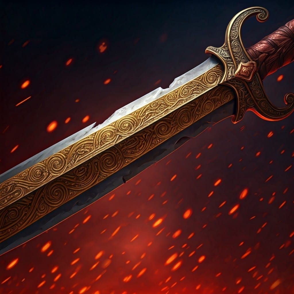 the entire large ancient looking sword made from gold and a wrought ...