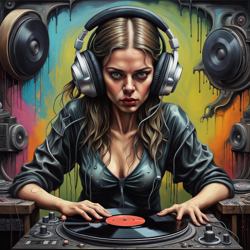 woman with vinyl record, turntable and headphones... - AI Generated ...