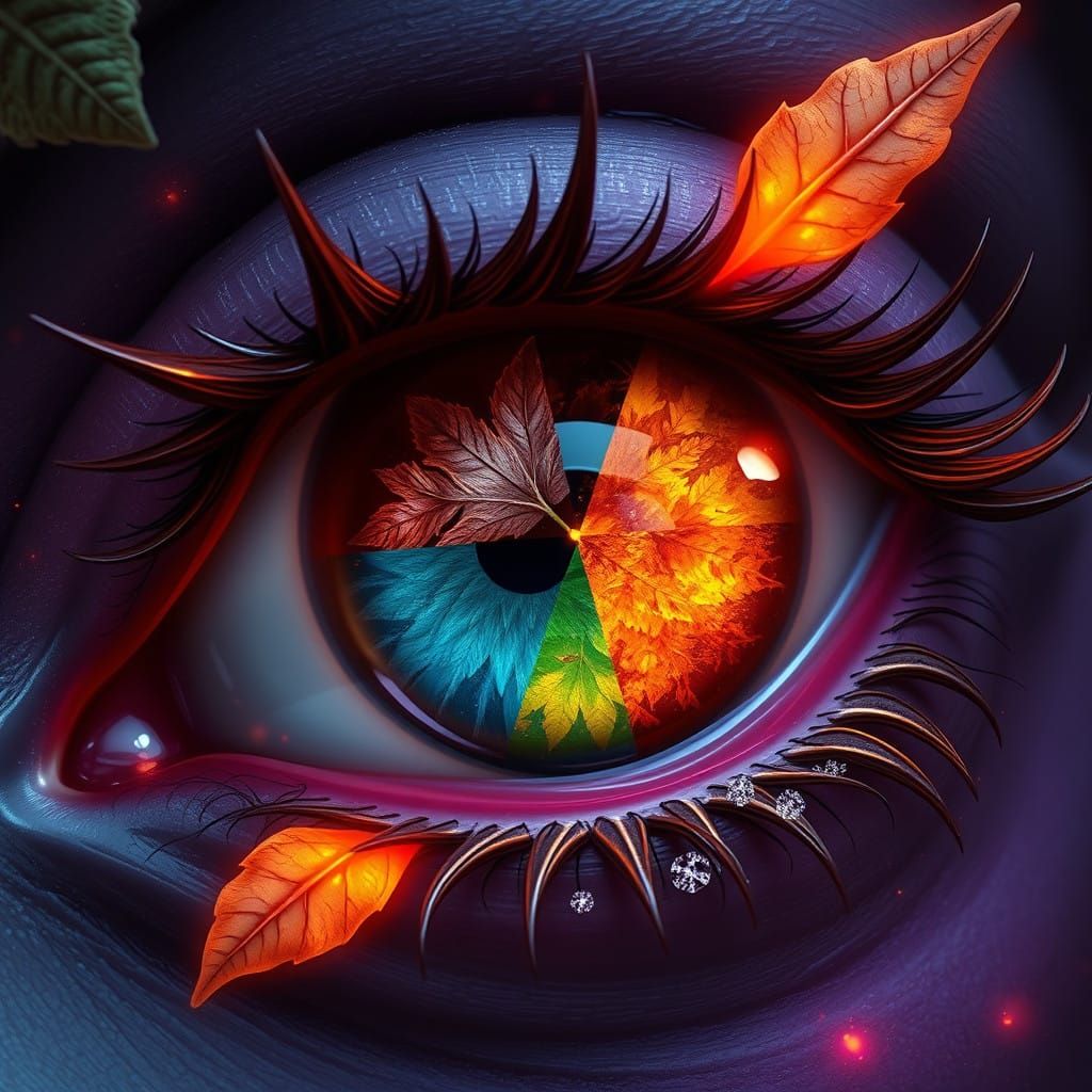 Whimsical Eye with Seasonal Iris, Intricate Leaves... - AI Art