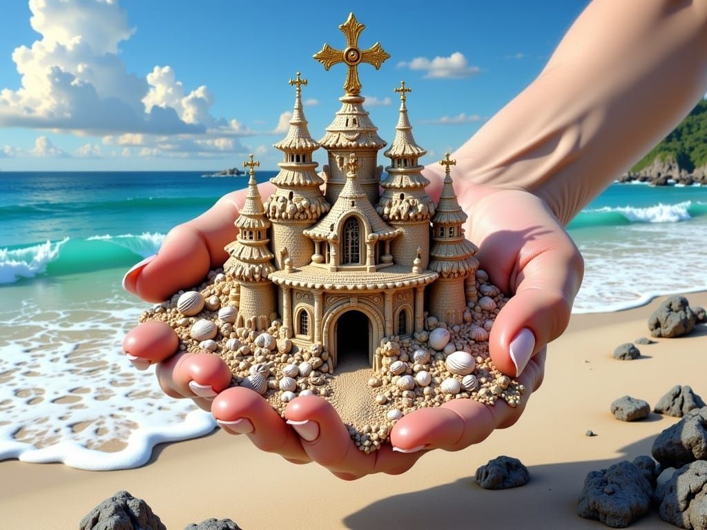 Surreal Sand Castle Scene with Shells and Waves in... - AI Art