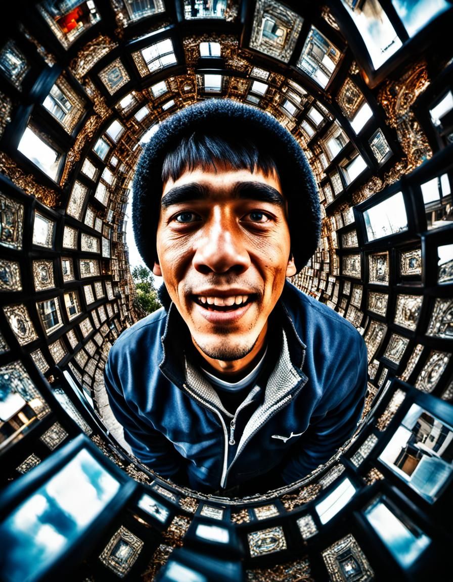 Surrounded by broken mirrors while hold a luck charm, happy person ...