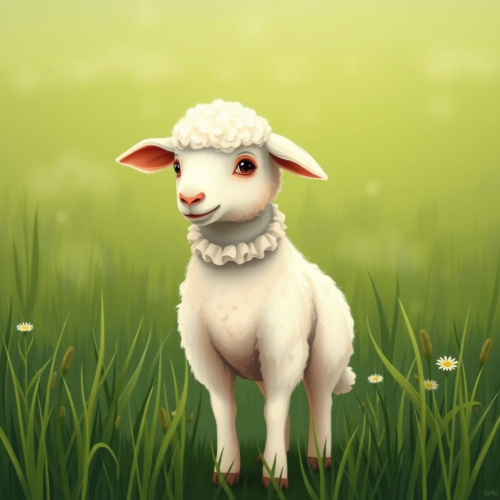 Nervous Lamb - Timid Lamb in Meadow: Whimsical Illustration