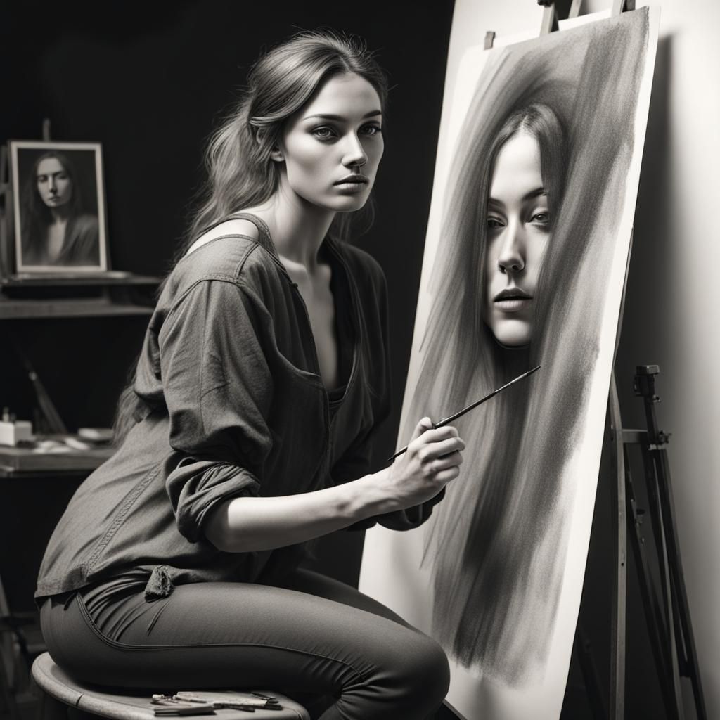 beautiful model posing for an artist in a studio hyperdetailed charcoal ...