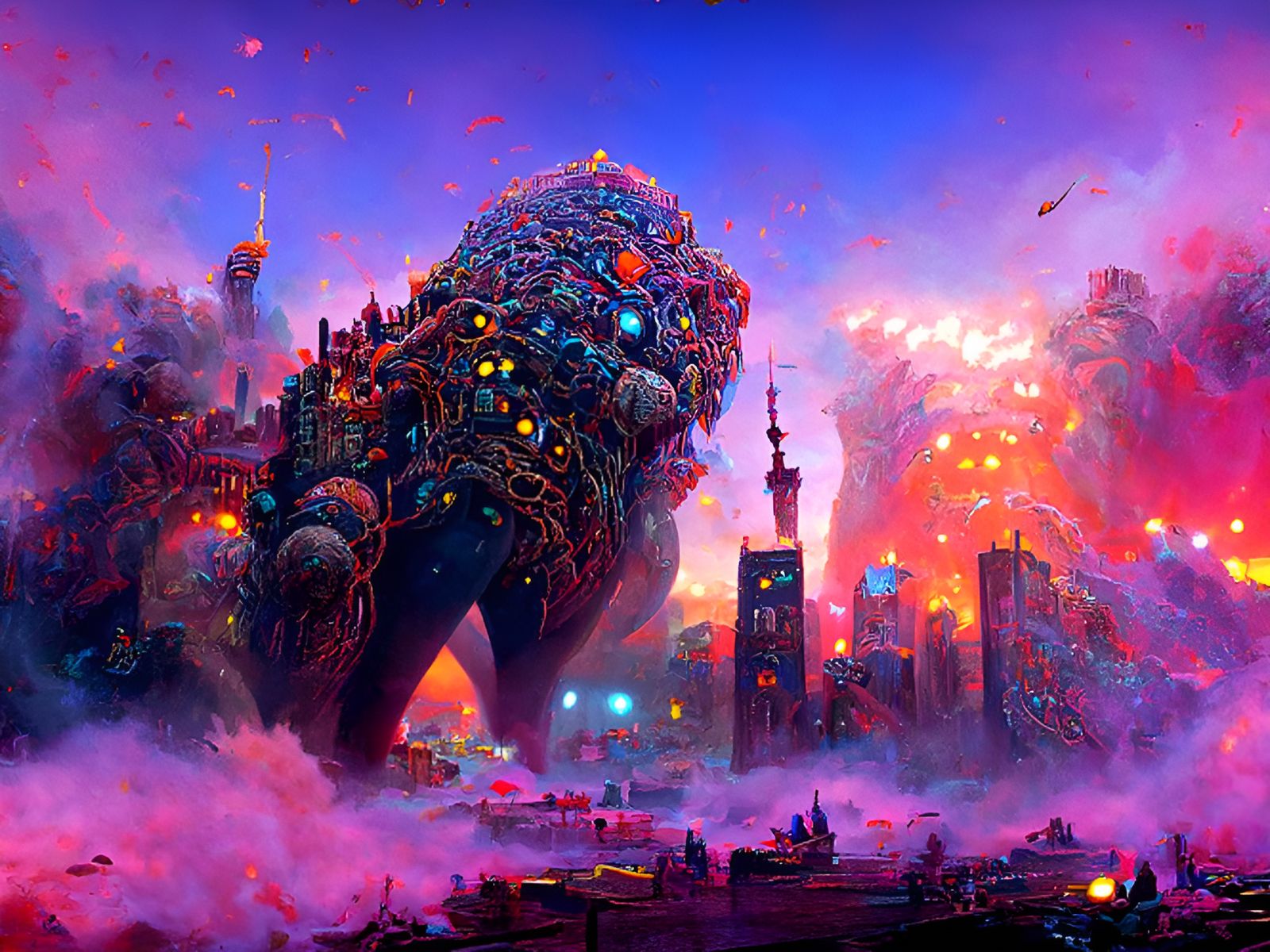 A giant mutated behemoth colossus destroying a city by Jim Burns ...