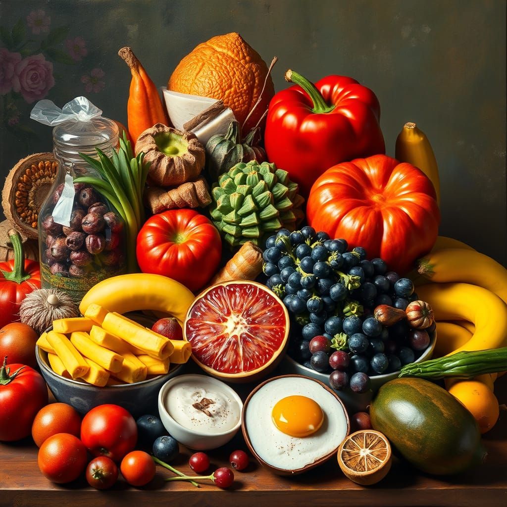 foods - Vibrant Still Life of Assorted Foods in Playful Drea...