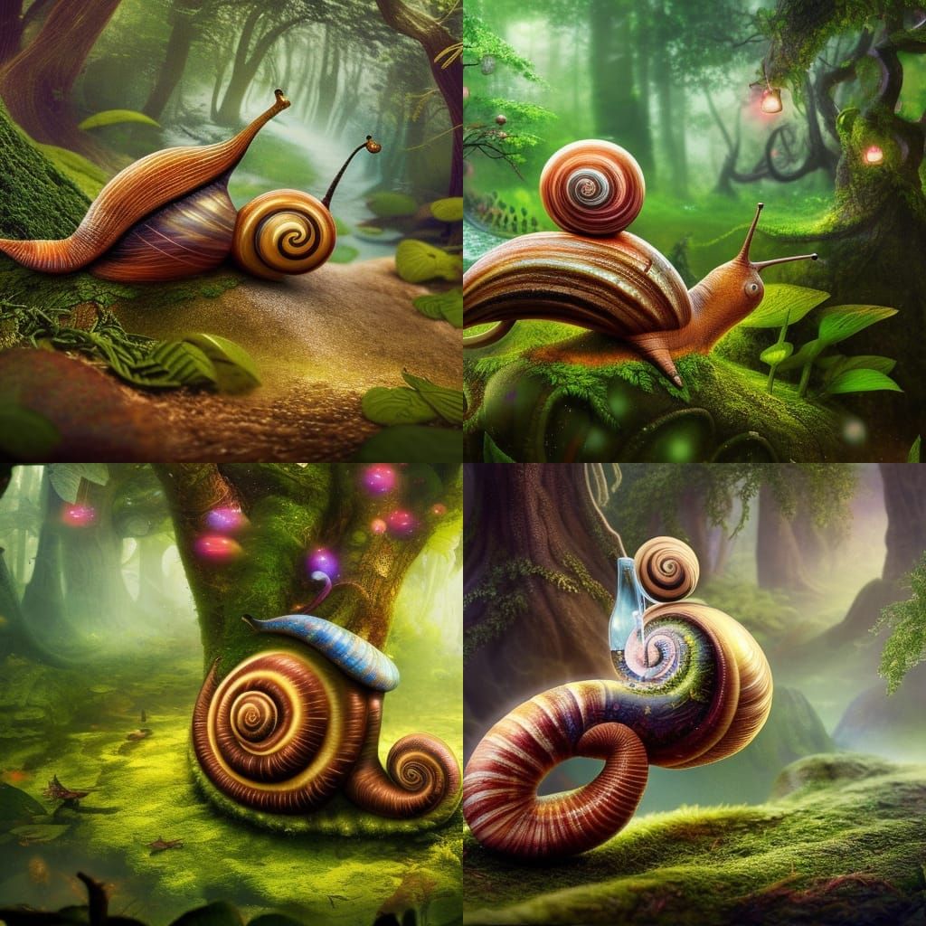 Whimsical Little snail in a fantasy forest, whimsical and fun, hyper ...