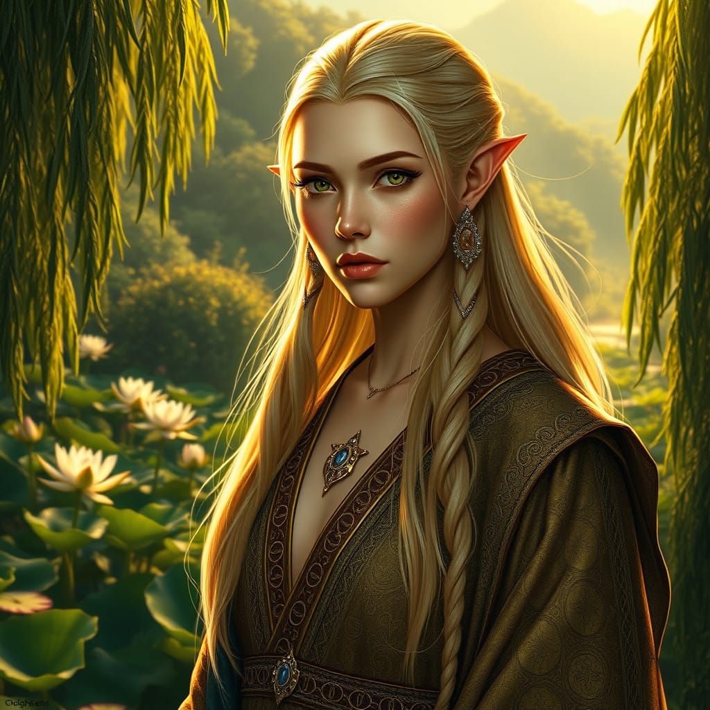 Golden High Elf in Elegant Robes, Set Against a Lu... - AI Art