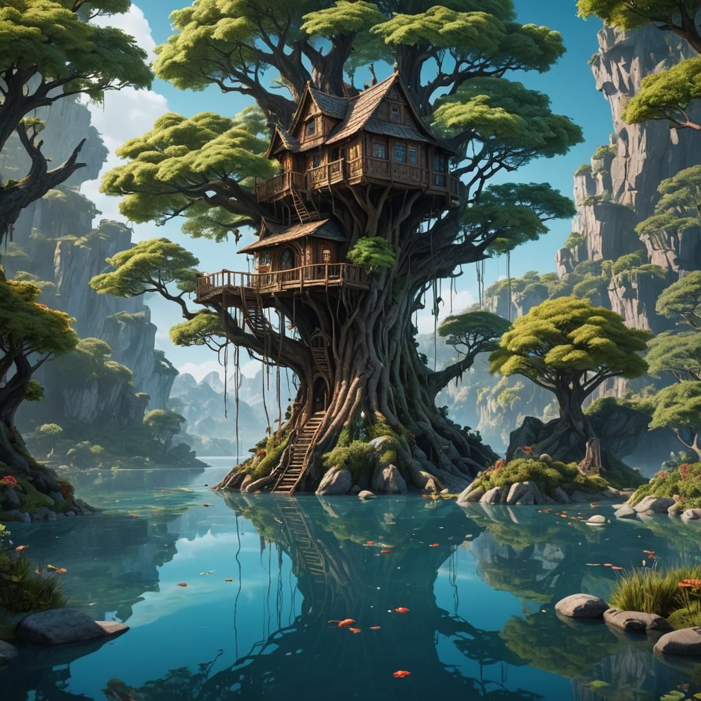 Lake Treehouse - AI Generated Artwork - NightCafe Creator