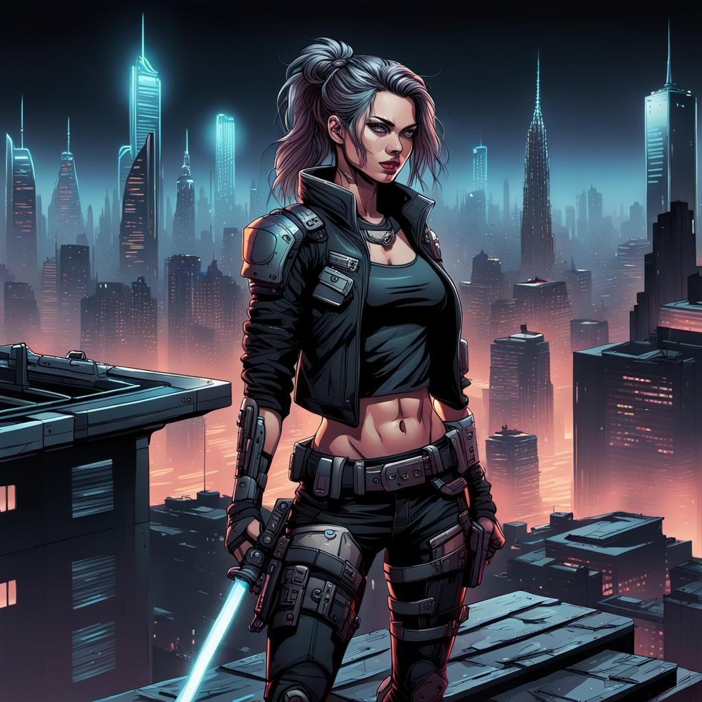 A female cyberpunk warrior with a katana and a high-powered energy ...