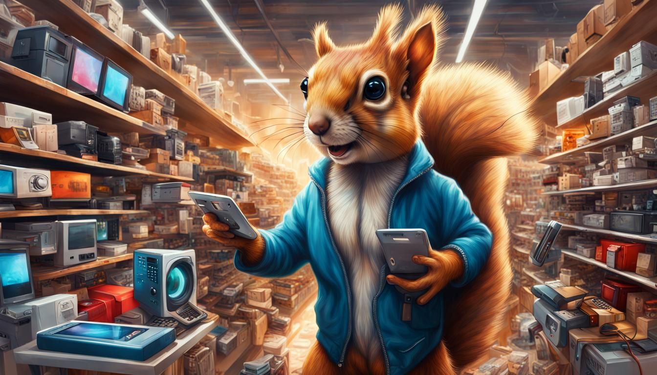 eccentric squirrel shopping in the middle of a store filled with electronics - AI Generated ...