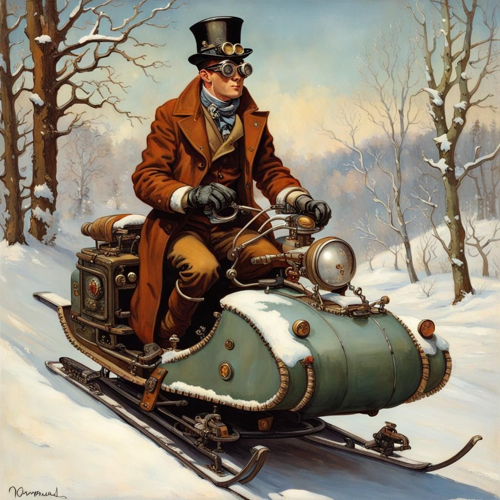 Norman Rockwell, Steampunk, steampunk snow mobile with steampunk guy ...