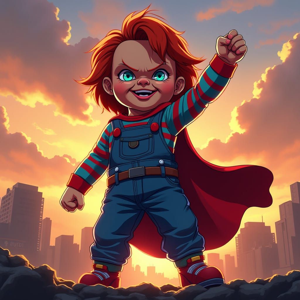 Heroic Chucky Stands Tall in a Vibrant Urban Sunse... - AI Art