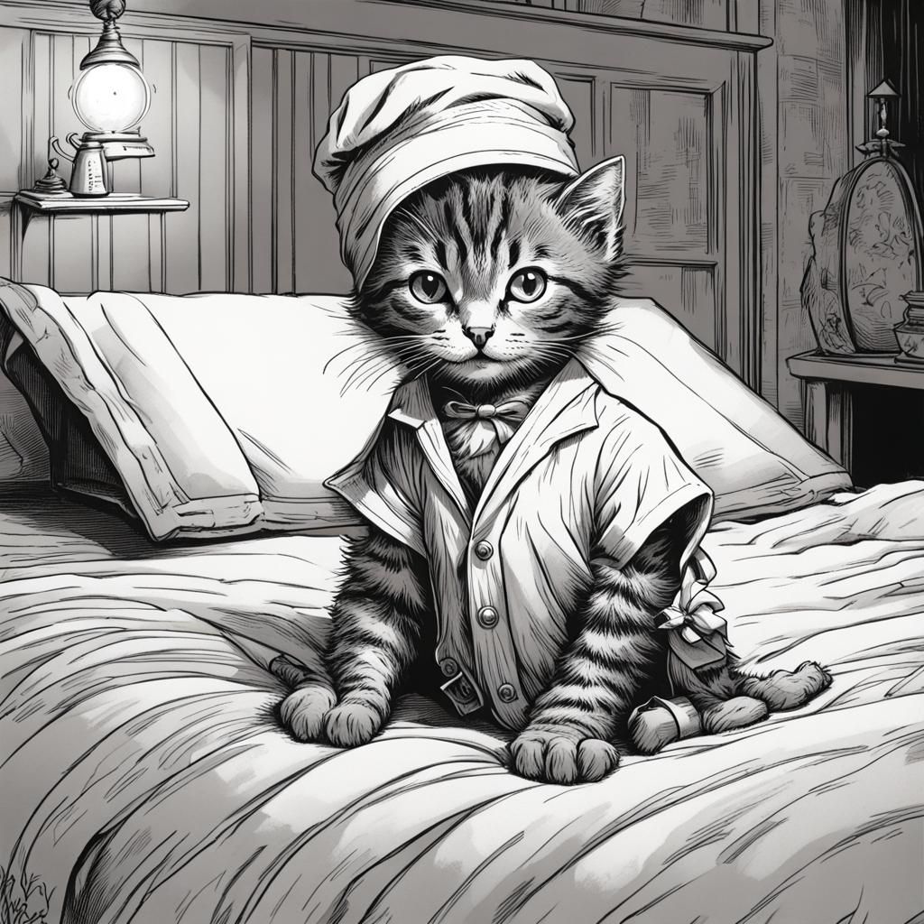 Style of Tenniel,a black and white drawing of a tabby kitten wearing a ...